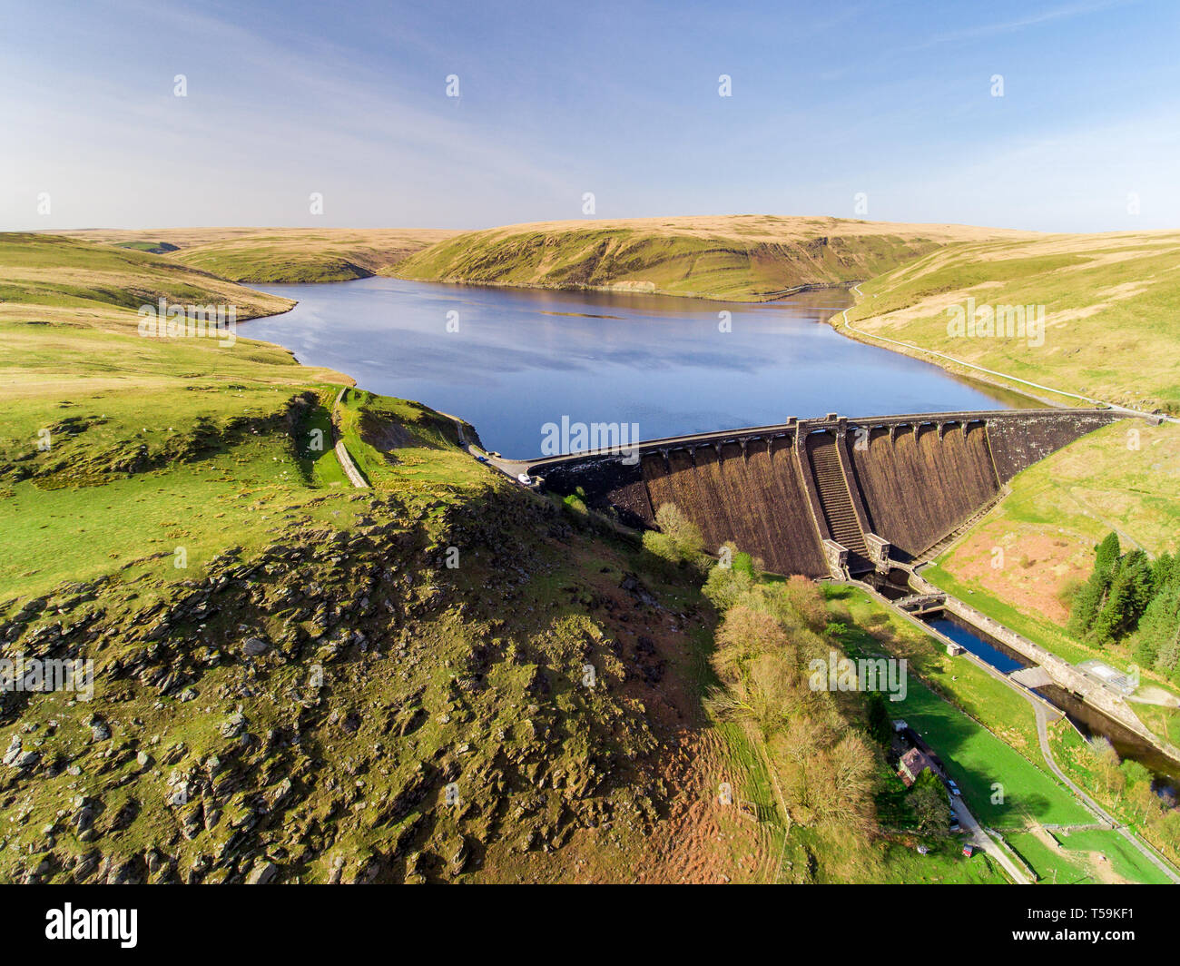 Aerial view of Claerwen Reservoir and dam, in the Elan Valley, mid ...