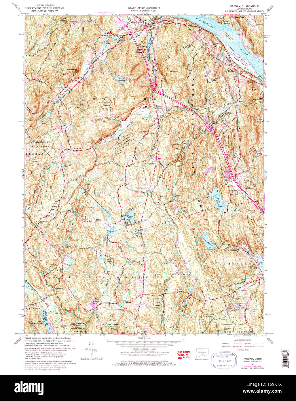USGS TOPO Map Connecticut CT Haddam 461616 1961 24000 Restoration Stock ...