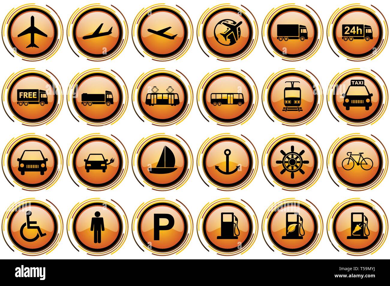 Orange glossy transport vector icon set, airplane, train and other ...