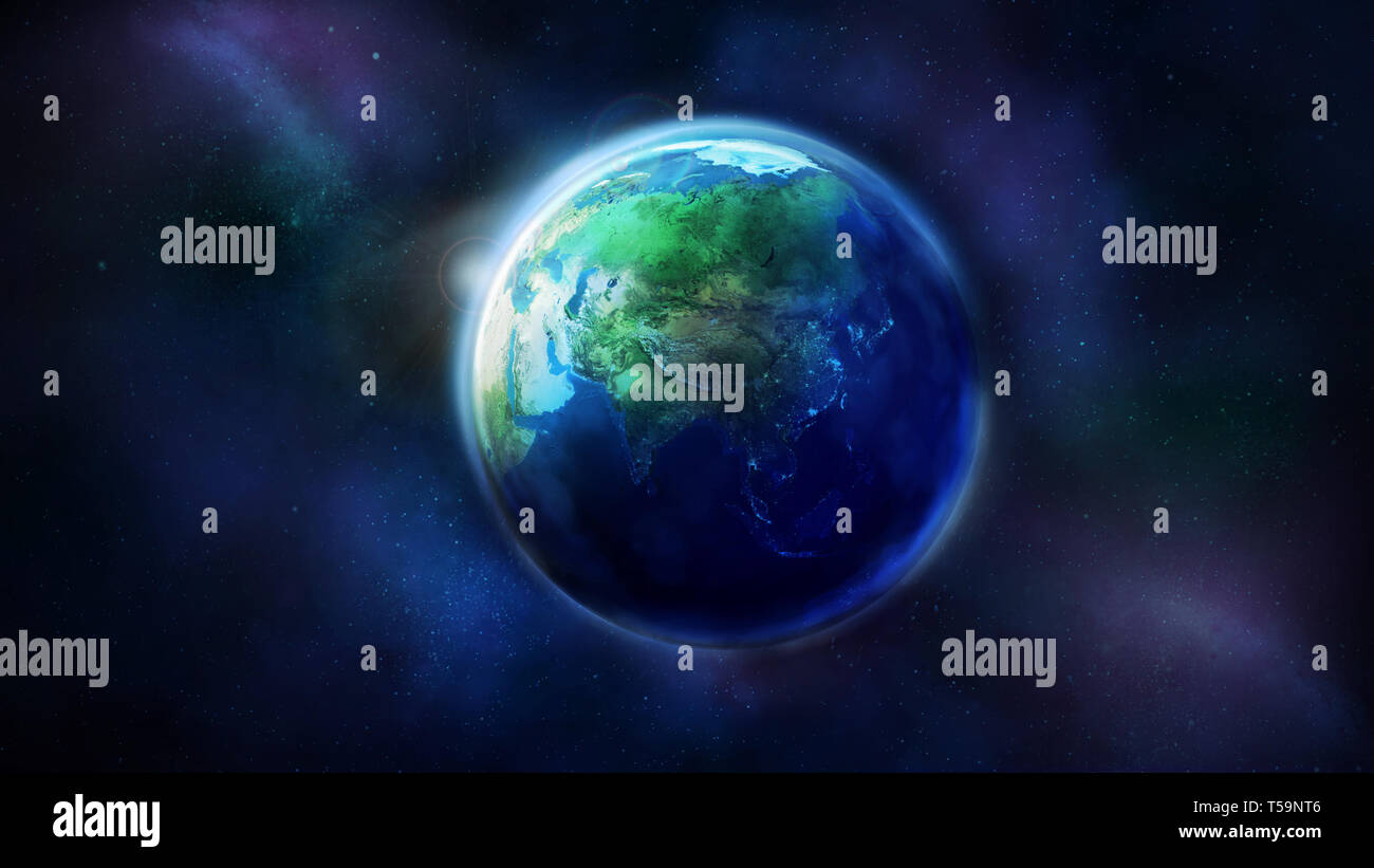 Realistic Earth from space showing Asia. Globe is half illuminated by ...
