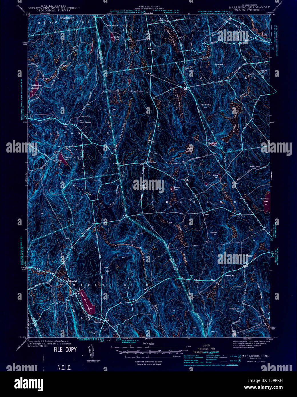 USGS TOPO Map Connecticut CT Marlboro 330913 1944 31680 Inverted ...