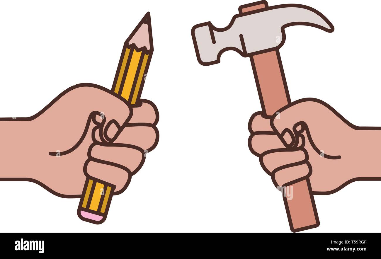 hands with pencil and hammer isolated icon Stock Vector Image & Art - Alamy