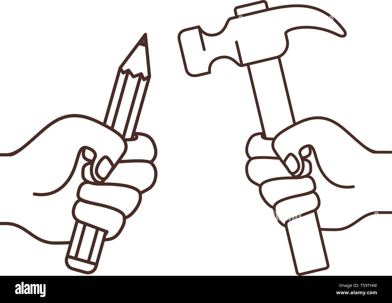 hand with pencil and hammer isolated icon Stock Vector Image & Art - Alamy