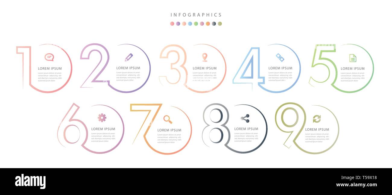 Vector infographic design UI template colorful gradient 9 number labels ...