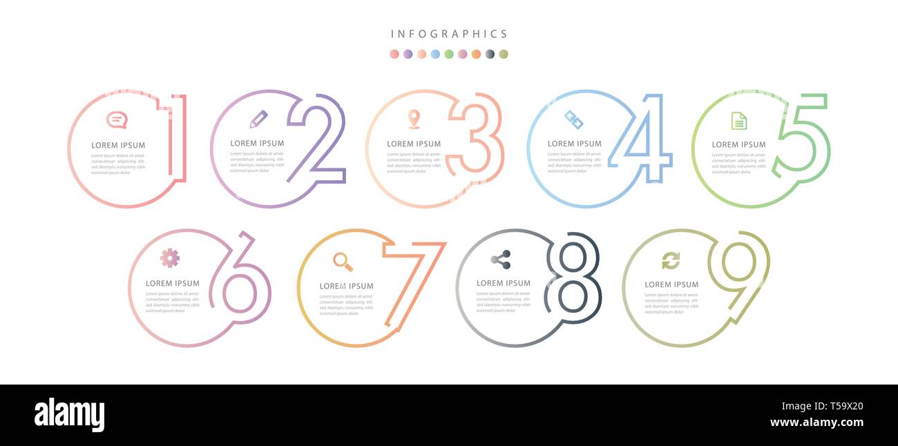 Vector infographic design UI template colorful gradient 9 number labels ...