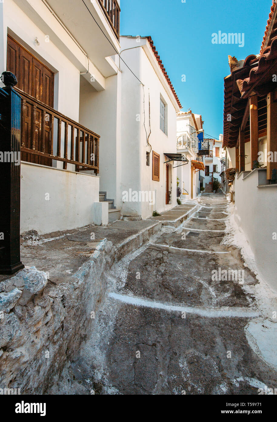 Beautiful old street in Kokkari on Samos, Greece Stock Photo - Alamy