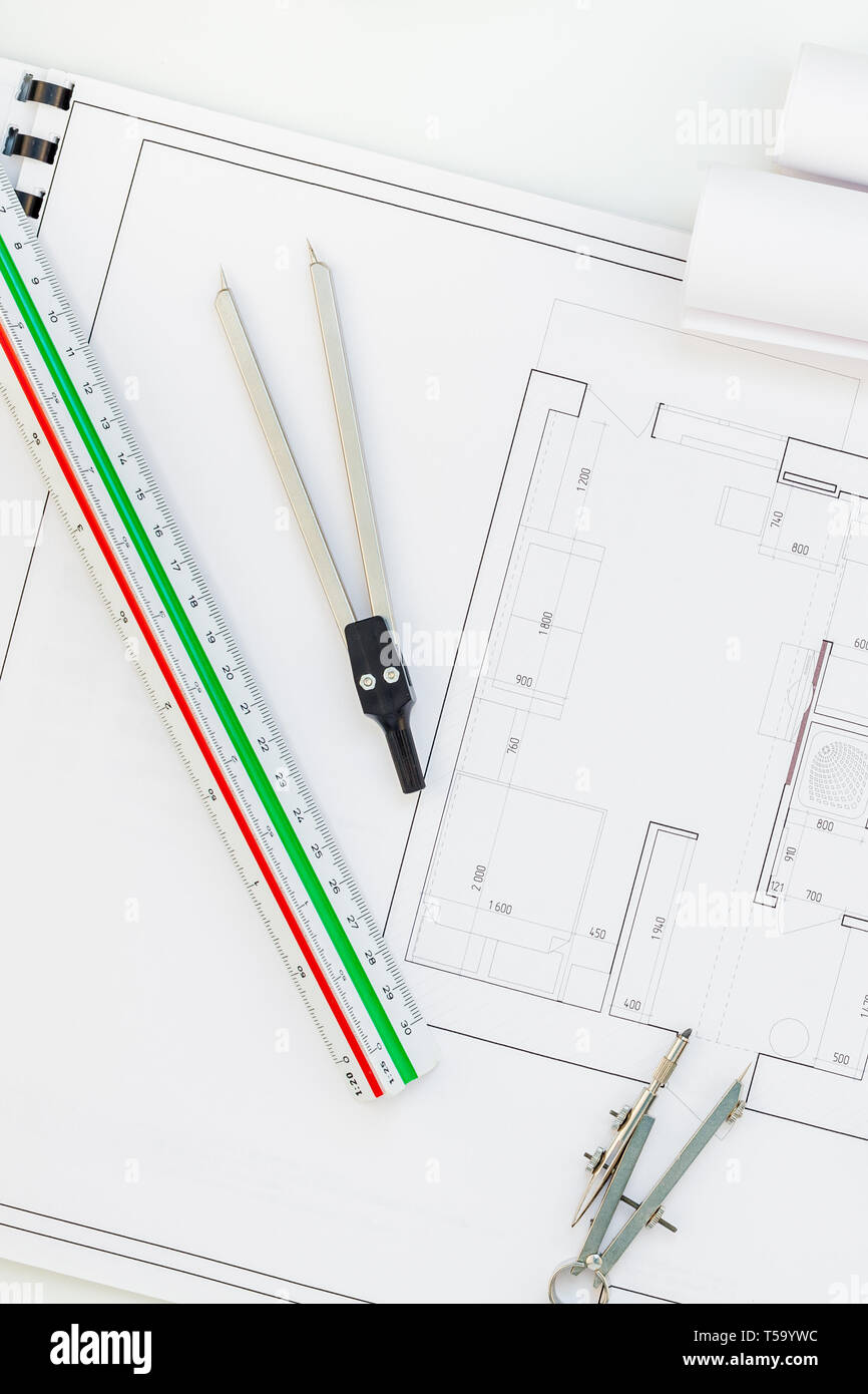 Creative flat lay overhead top view blueprints architectural flat ...