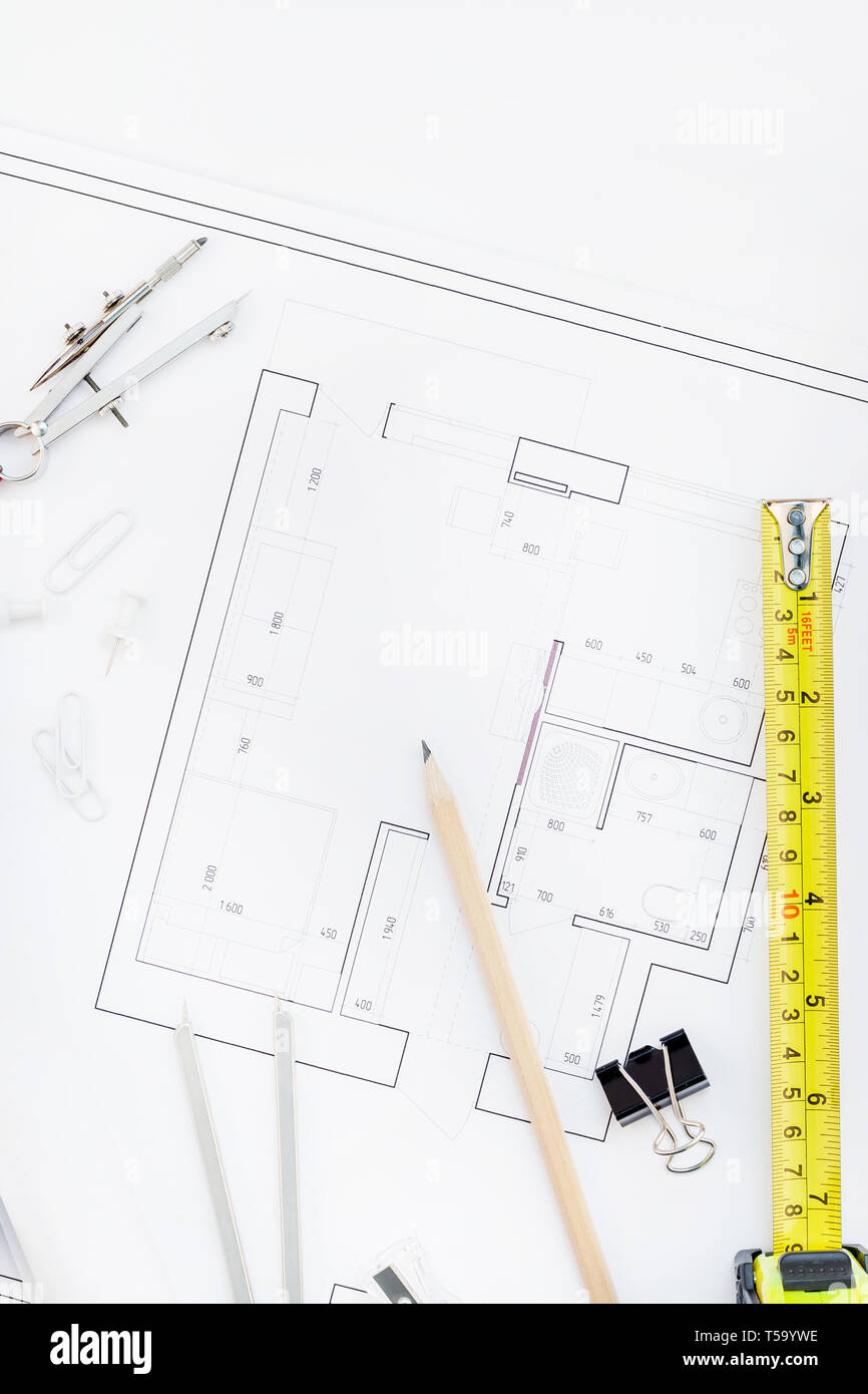 Creative flat lay overhead top view blueprints architectural flat ...