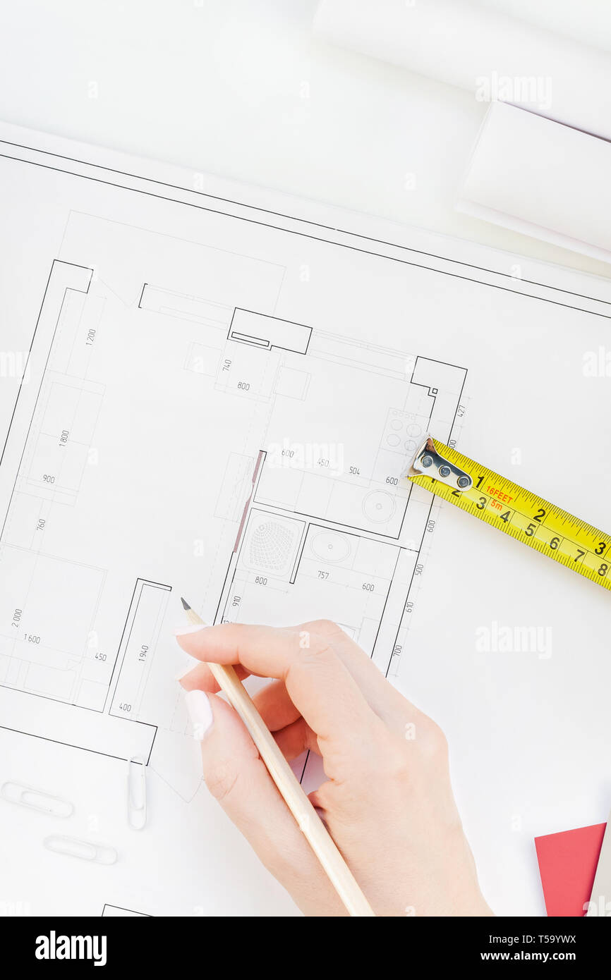 Creative flat lay overhead top view blueprints architectural flat ...