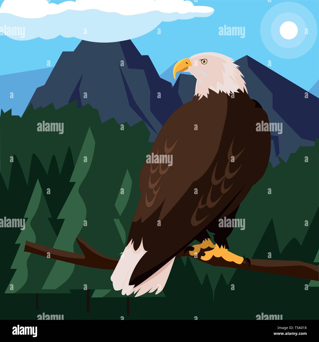 beautiful bald eagle in tree branch landscape scene vector illustration ...