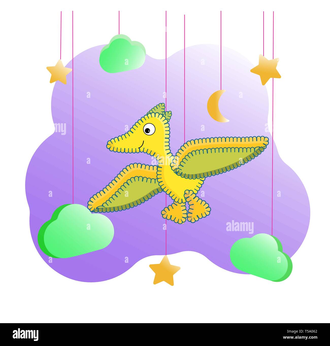 Funny cartoon character dinosaur. Dino flies among the clouds and stars ...