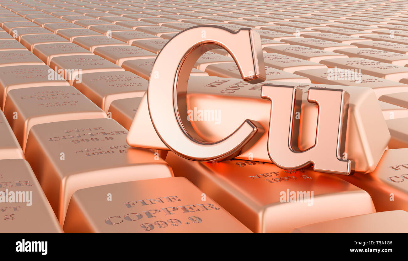 Copper ingots background with Cu symbol. 3D rendering Stock Photo - Alamy
