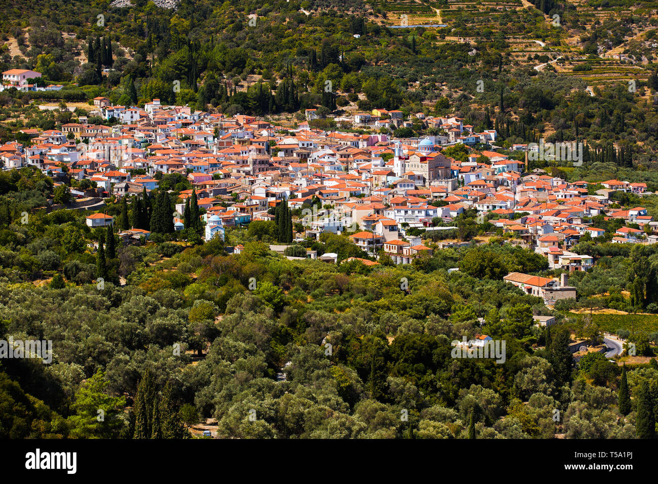 Beautiful mountains village on Samos island, Pyrgos village Stock Photo ...