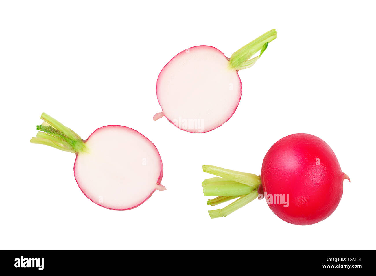 fresh whole and sliced radish isolated on white background. Top view ...