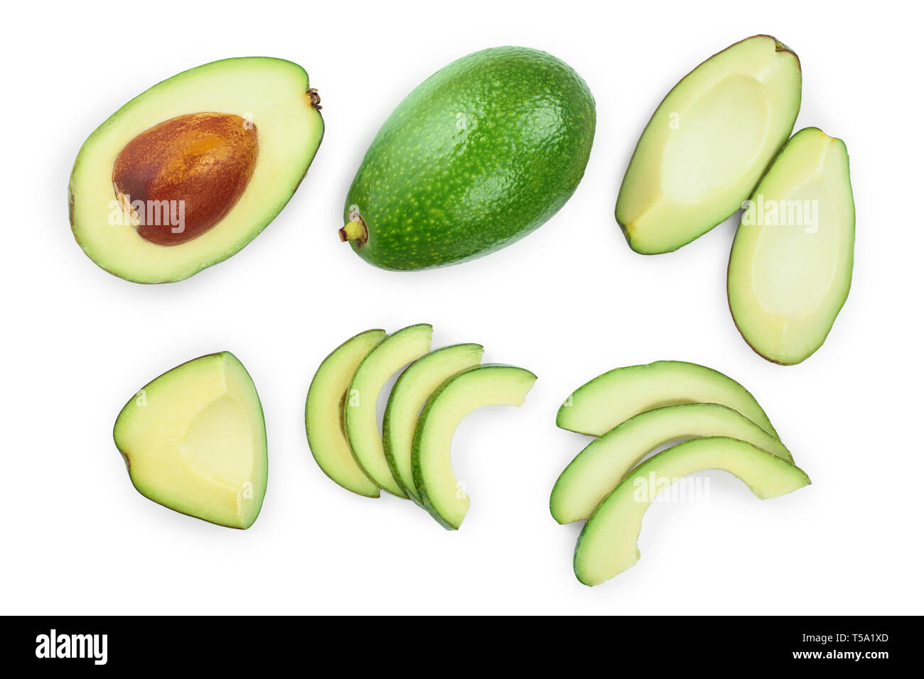 avocado and slices isolated on white background. Top view. Flat lay ...