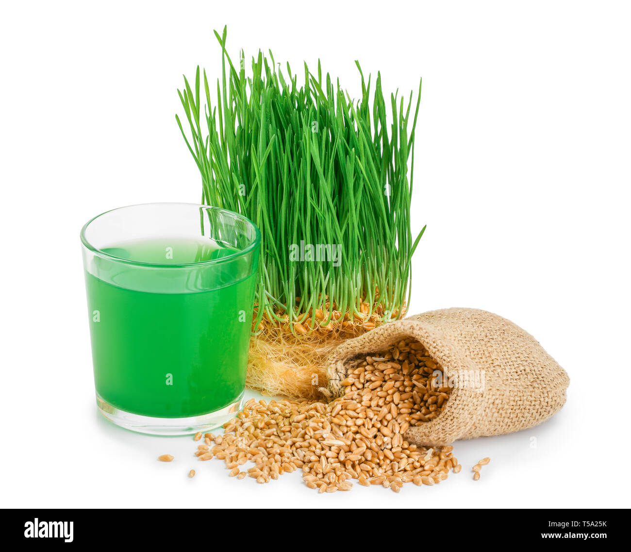 Wheatgrass juice with sprouted wheat isolated on white background Stock ...