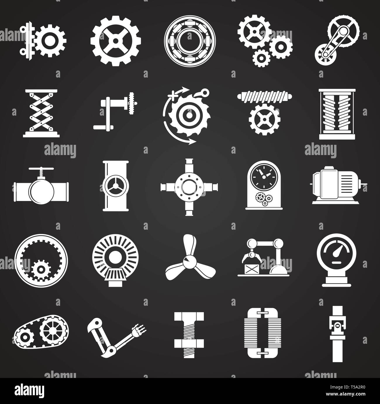 Technical mechanisms icons set on black background for graphic and web ...