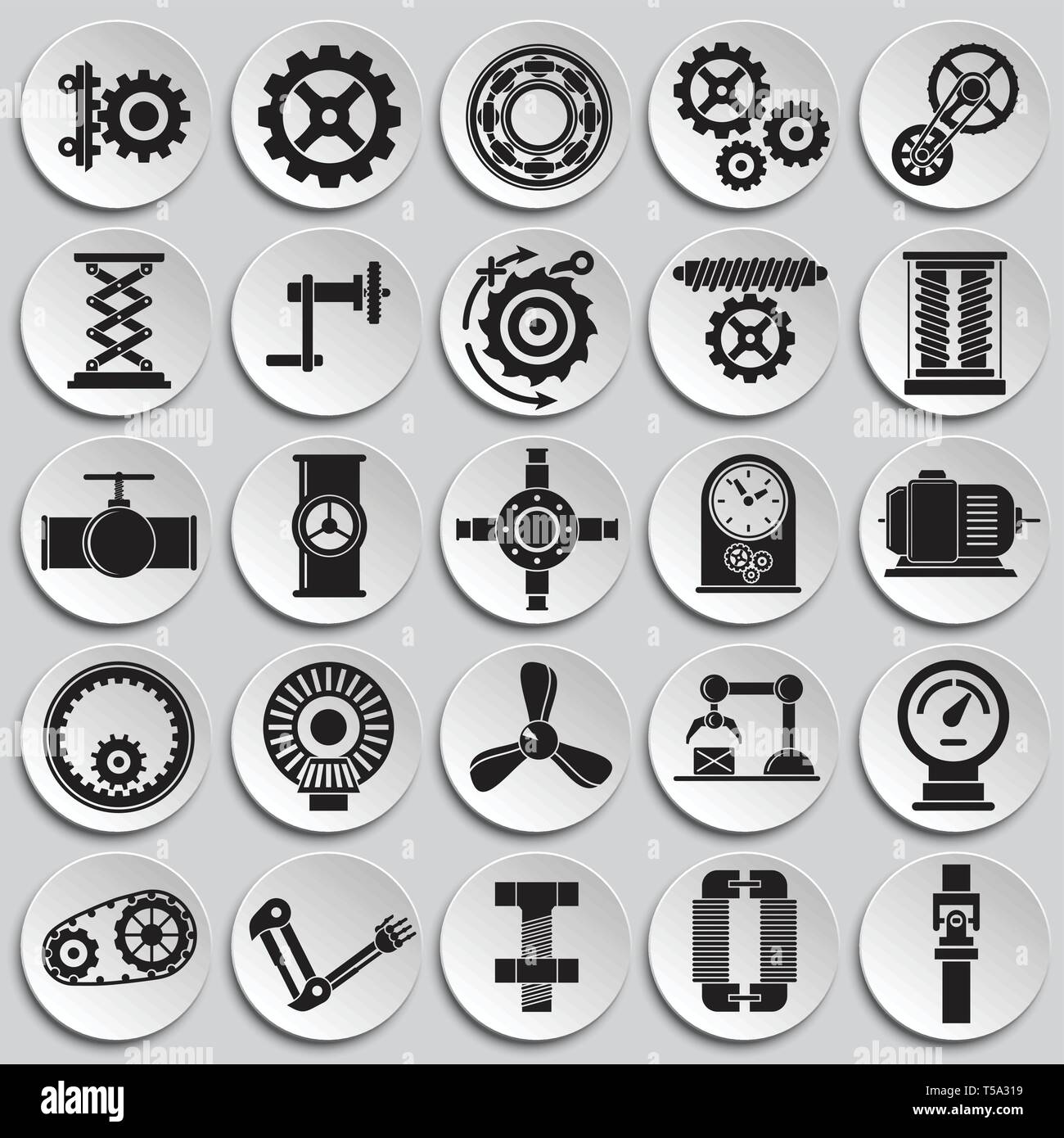 Technical mechanisms icons set on plates background for graphic and web ...