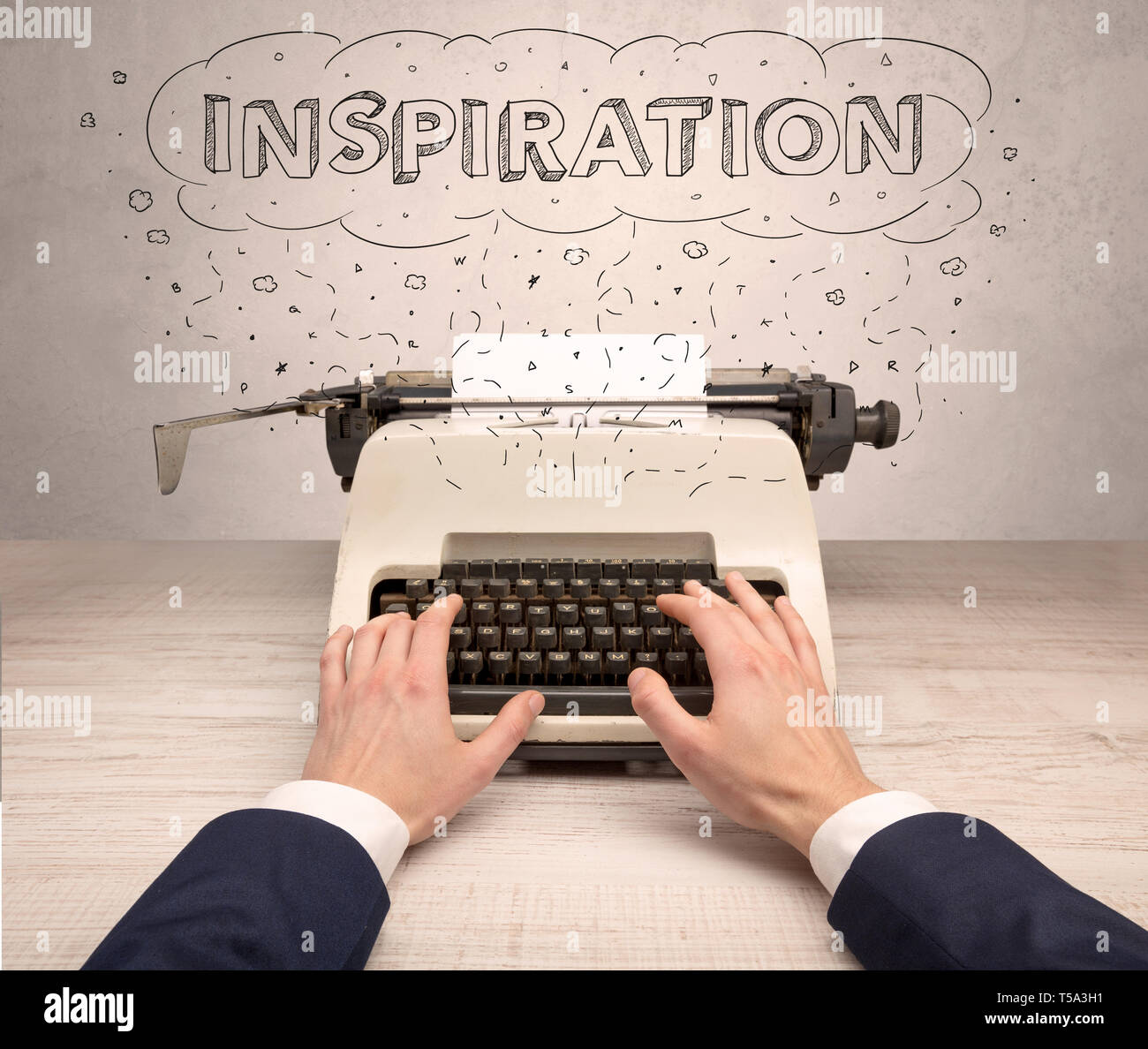 First person perspective hand writing on typewriter with cloud message ...