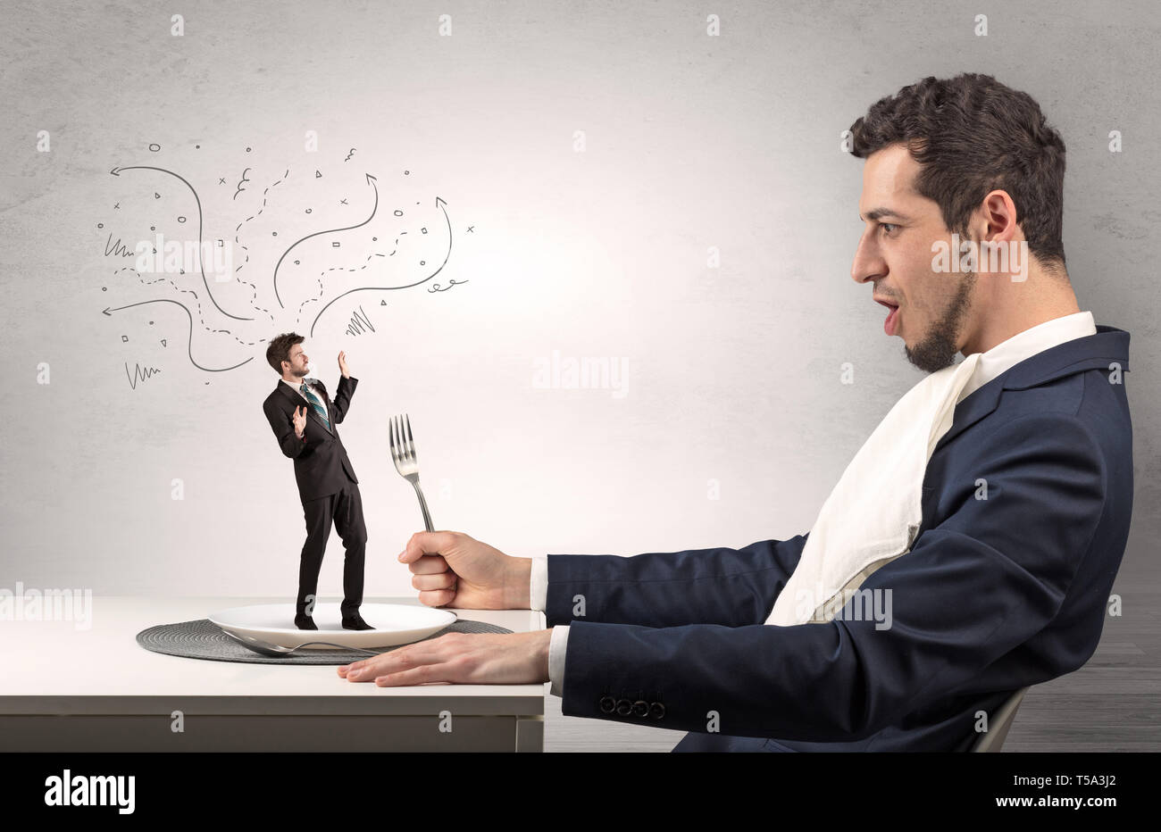 Big boss eating small businessman with knife and fork Stock Photo - Alamy