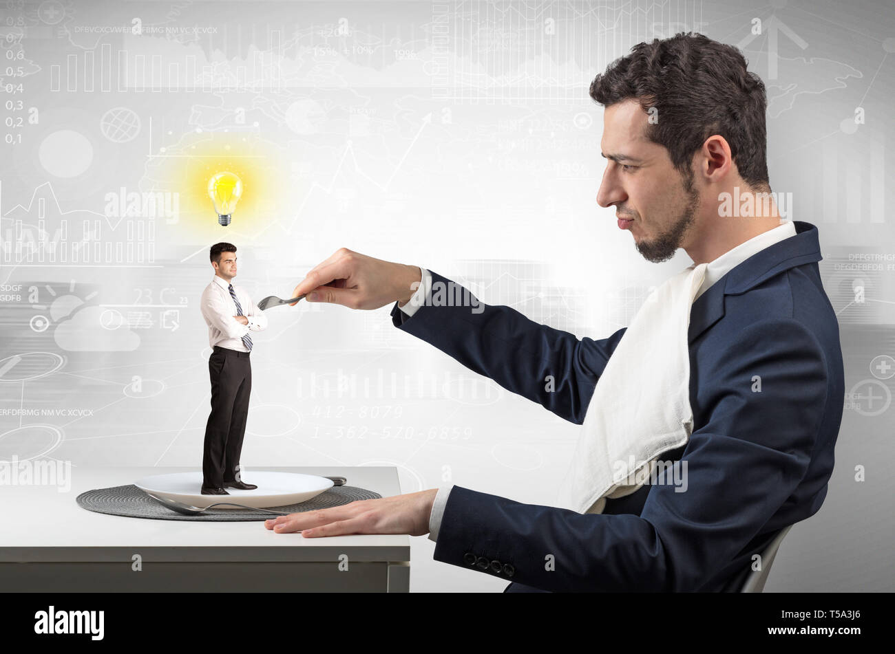 Giant businessman eating small man with financial background Stock ...