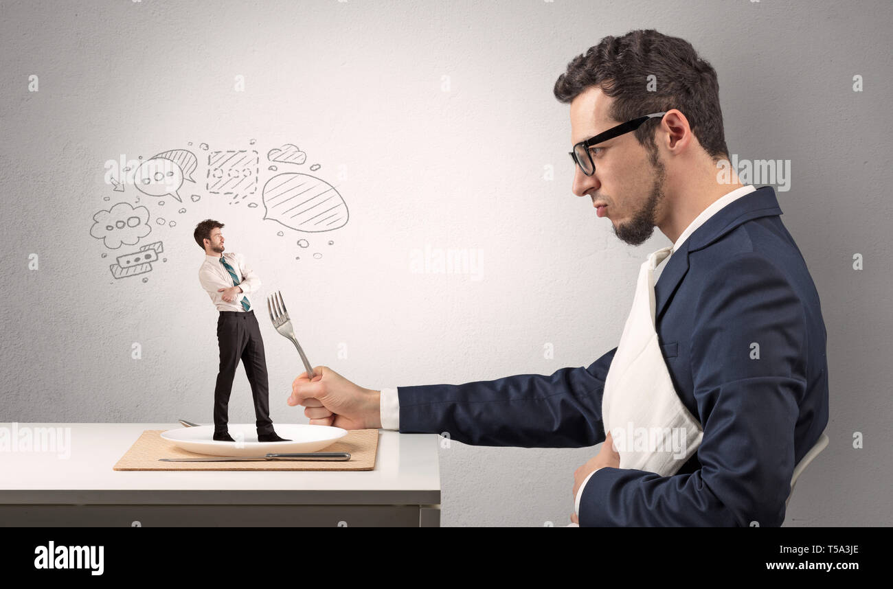 Big businessman want to eat small man with cloud messages above his ...
