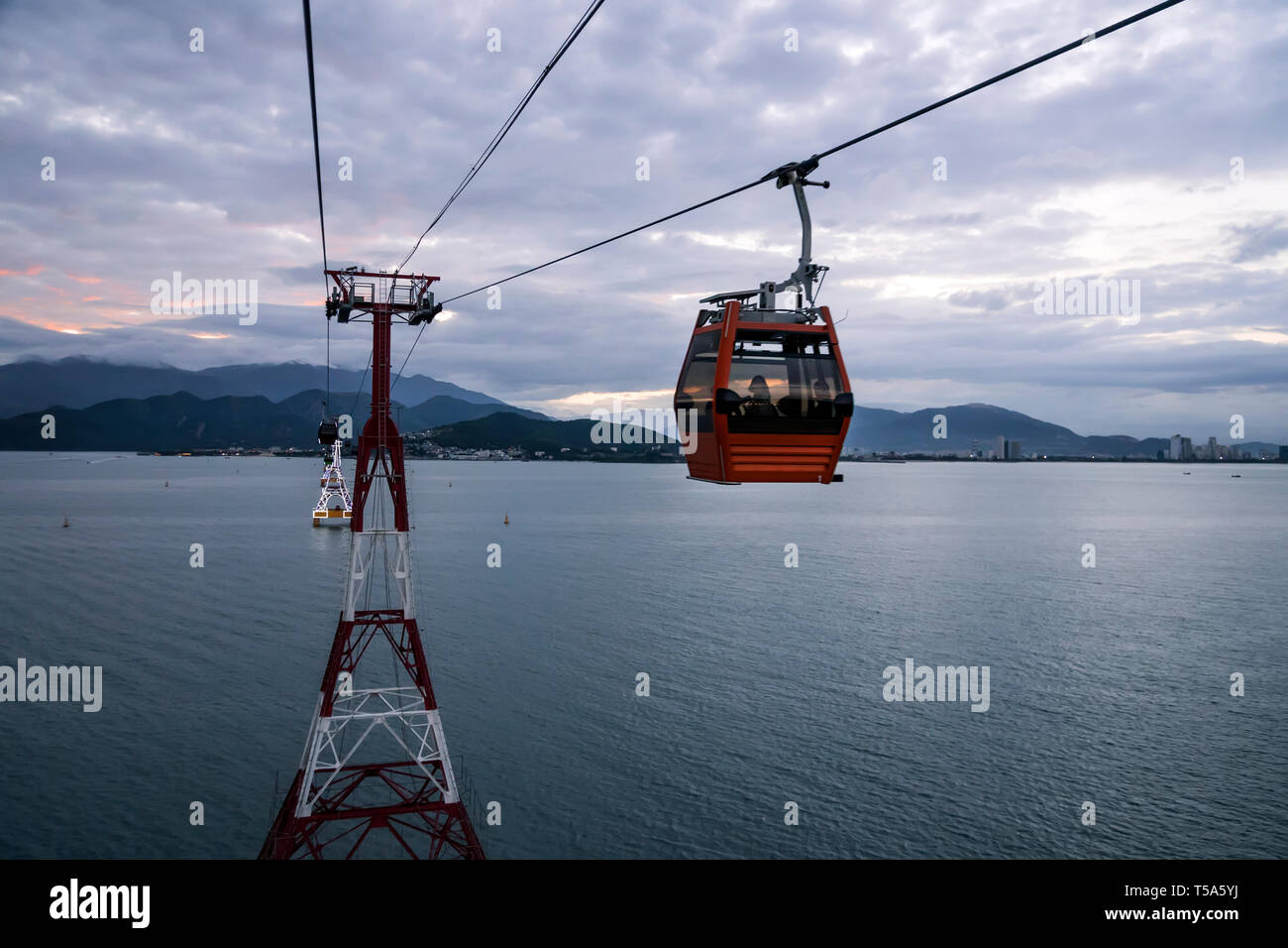 cable car over sea leading to Vinpearl Park, Nha Trang, Vietnam. Red ...