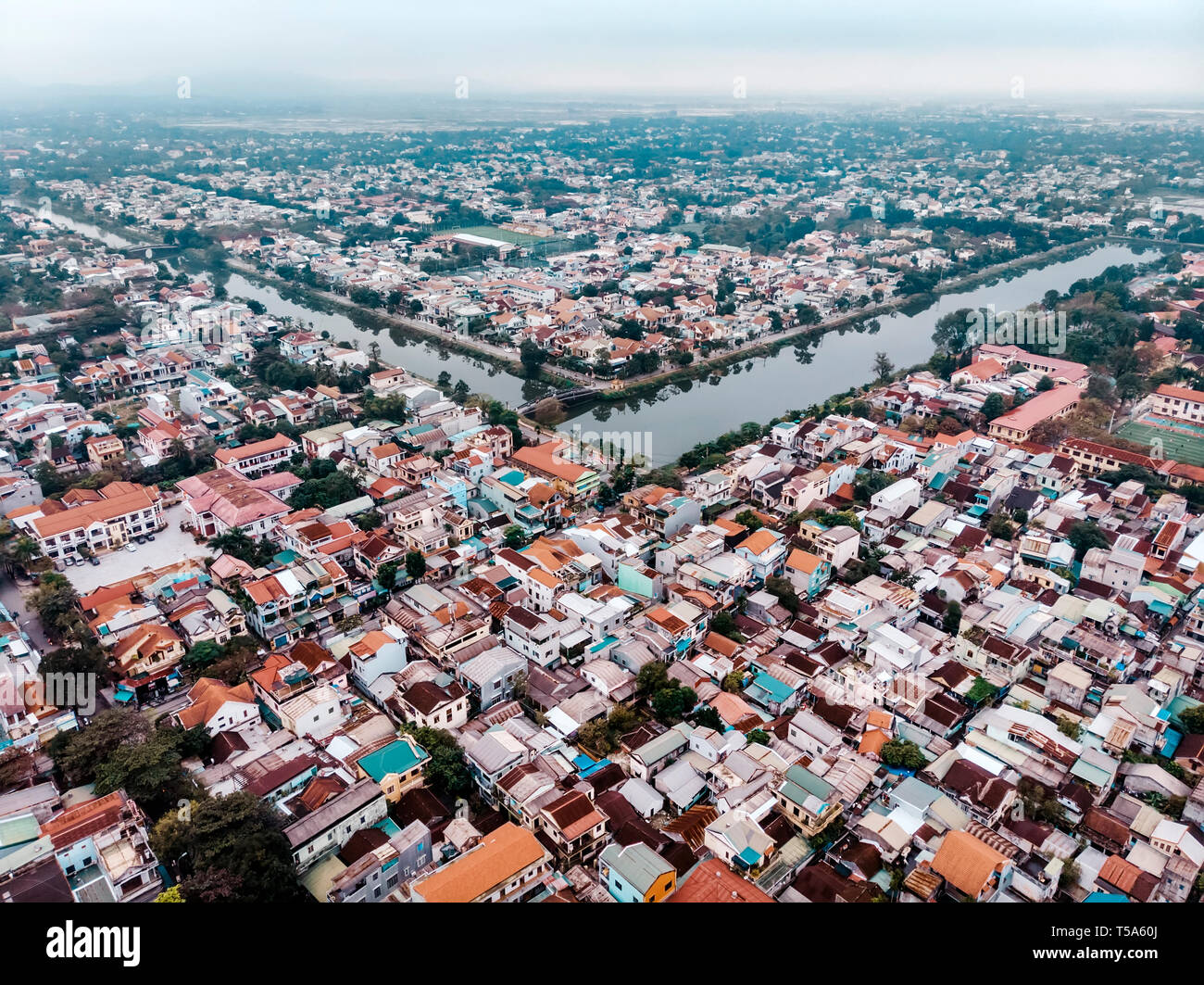 The city of hue in the mist of Vietnam. The view from the top. Aerial ...