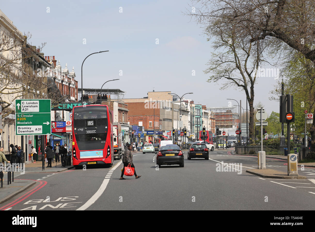 Catford town centre, south London, UK. Shows bus lane traffic and ...
