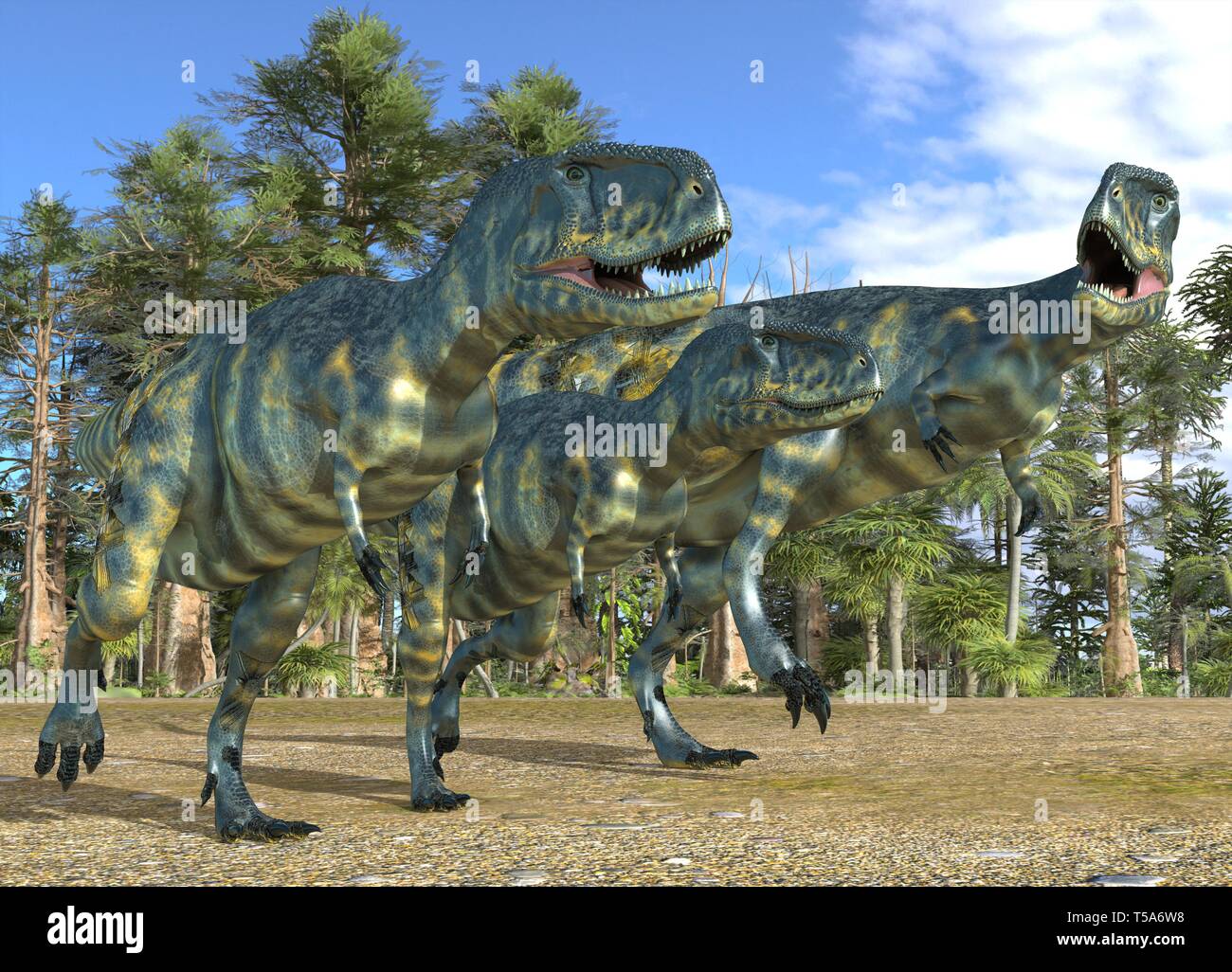 3D illustration abelisaurus dinosaurs against the background of the ...