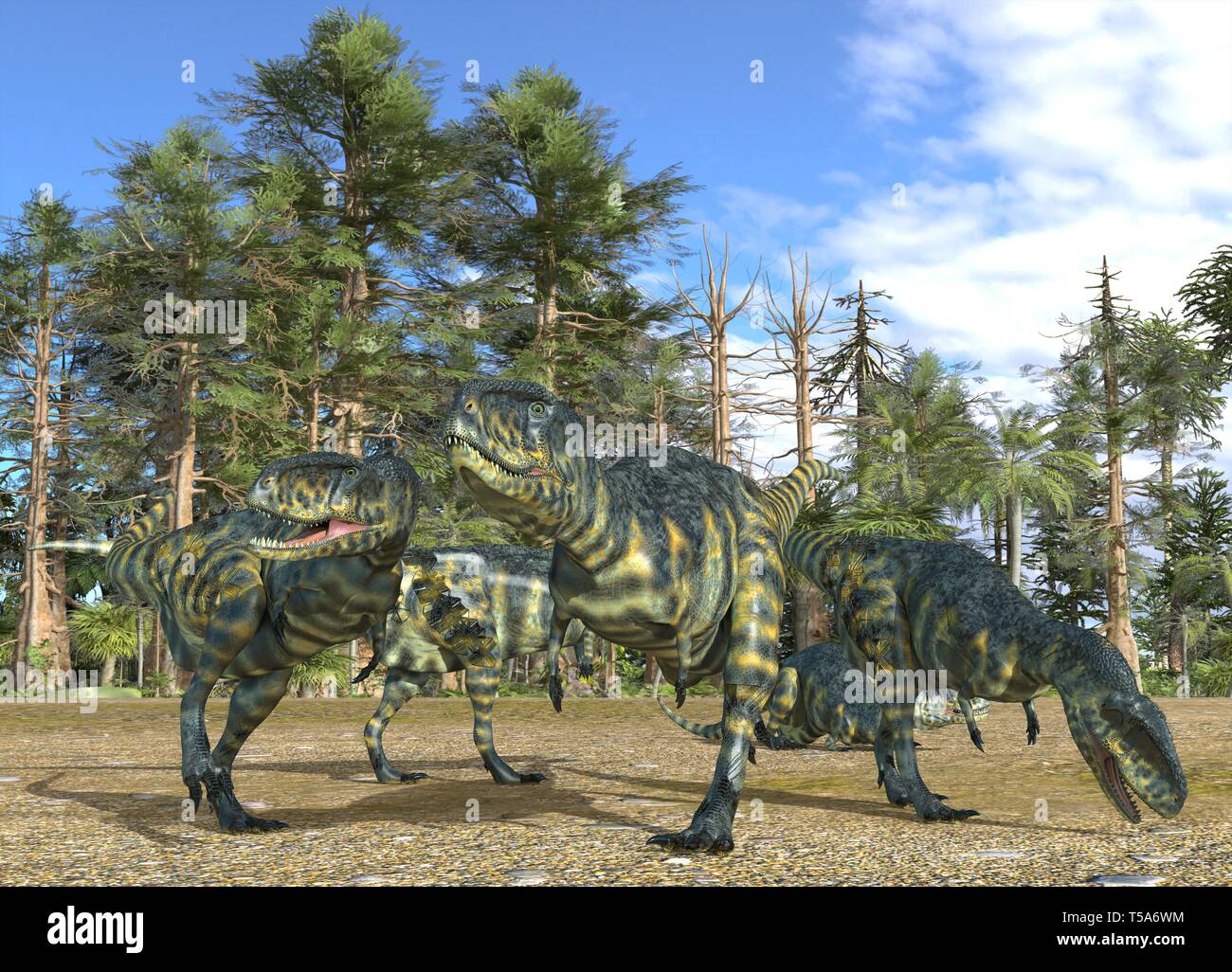 3D illustration abelisaurus dinosaurs against the background of the ...