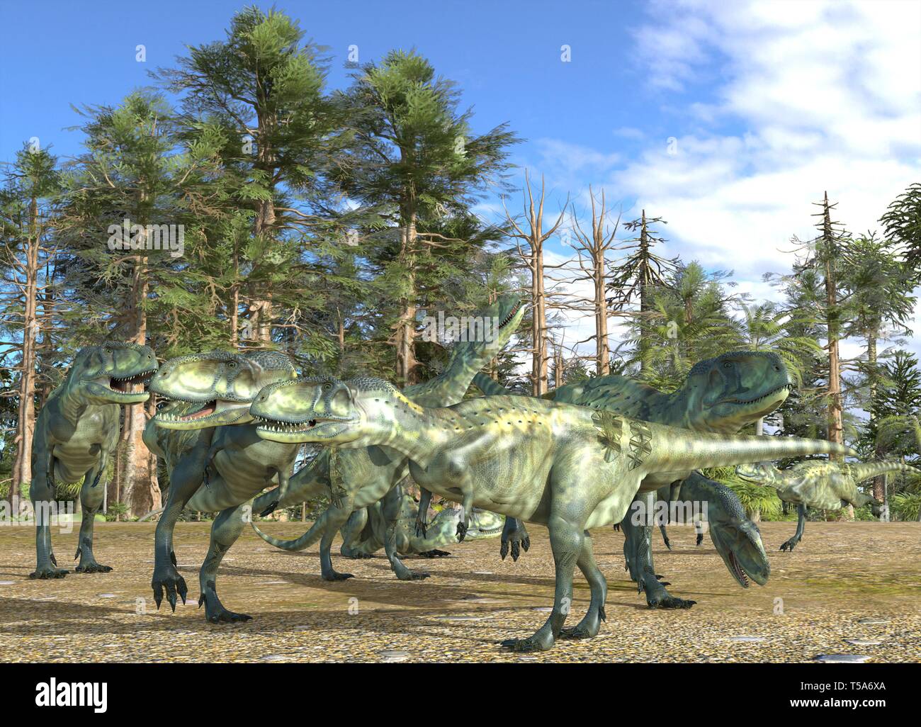 3D illustration abelisaurus dinosaurs against the background of the ...