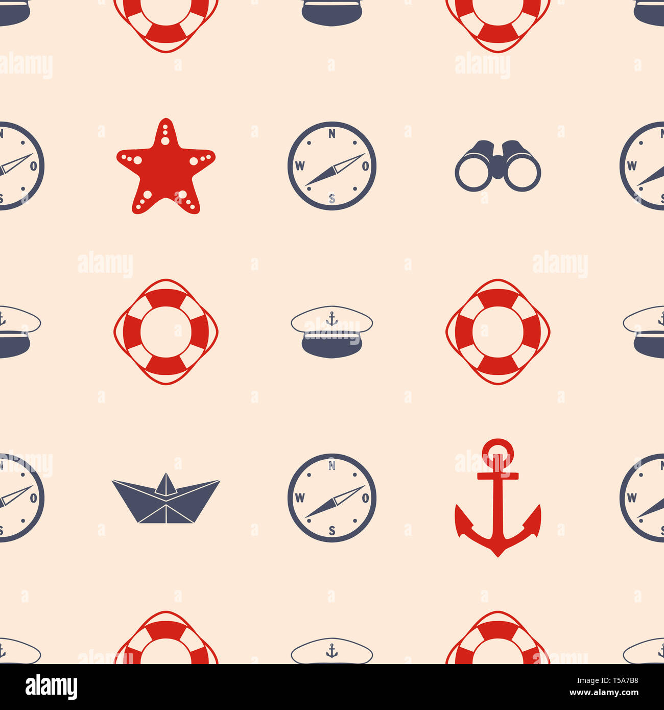 Maritime seamless pattern with red and blue nautical icons like paper ...