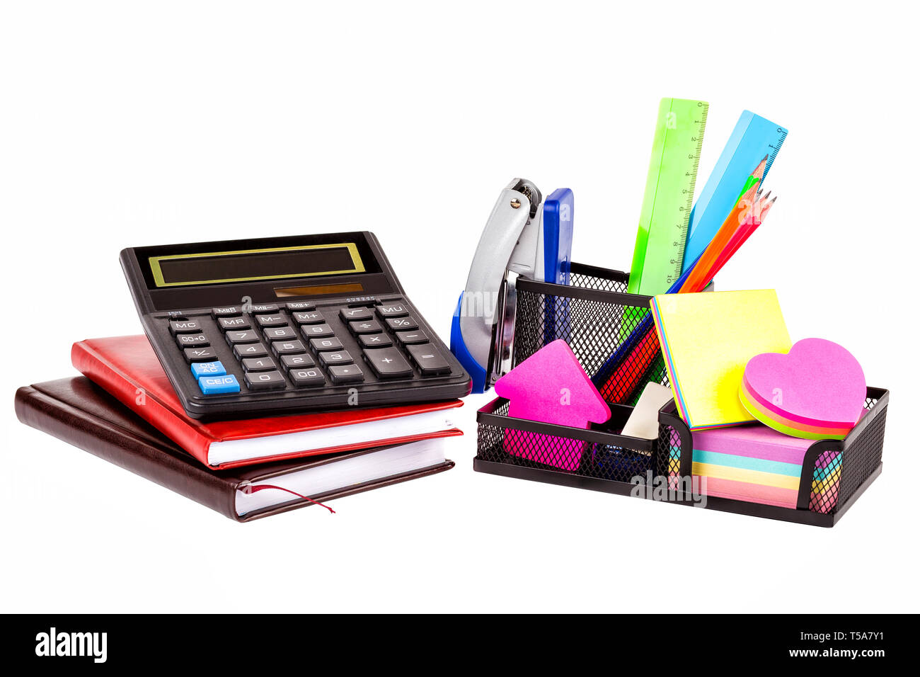 Stationery isolated on white. Note pads, scissors, markers, pencils ...