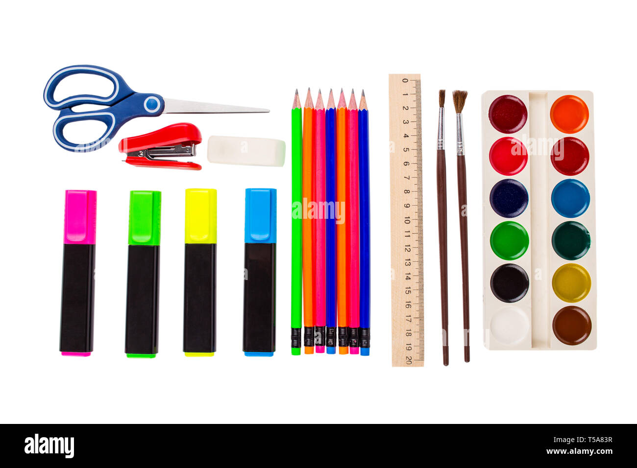 Stationery isolated on white. Scissors, markers, pencils, ruler, brush ...