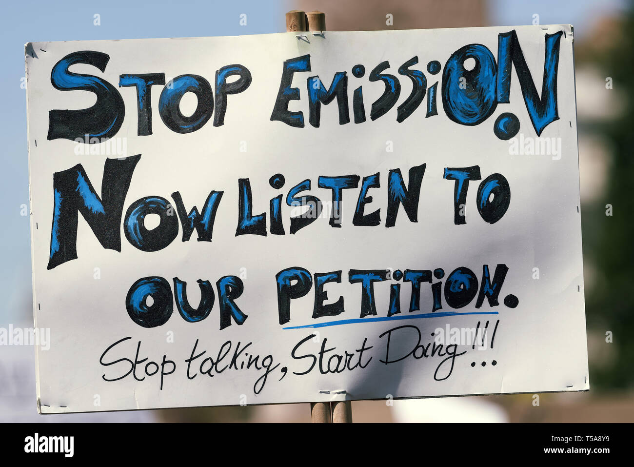 ROME,ITALY - April 19, 2019. Sign: "Stop Emission! Now listen to our ...