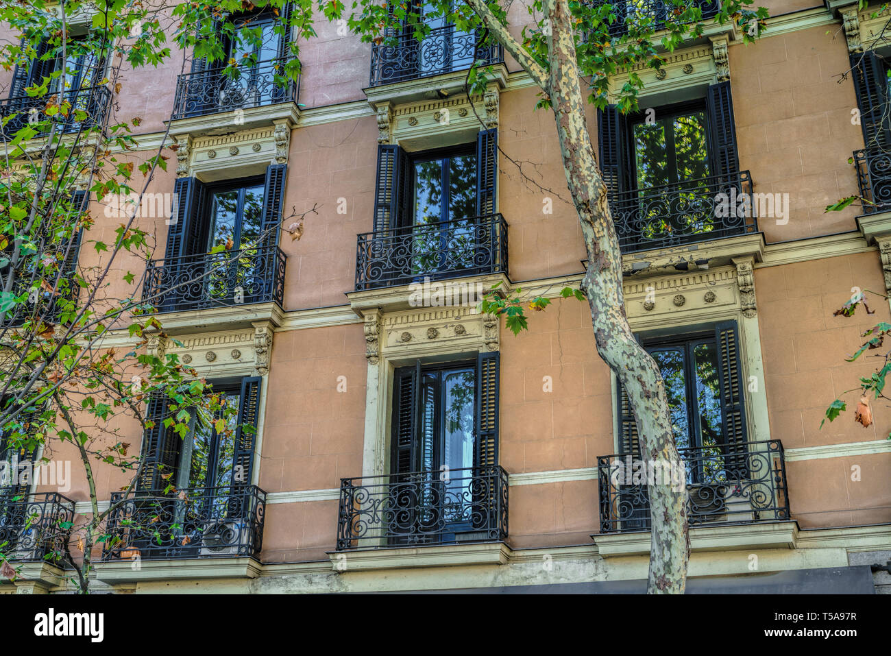 Exterior view of beautiful historical building in Central Madrid, Spain ...