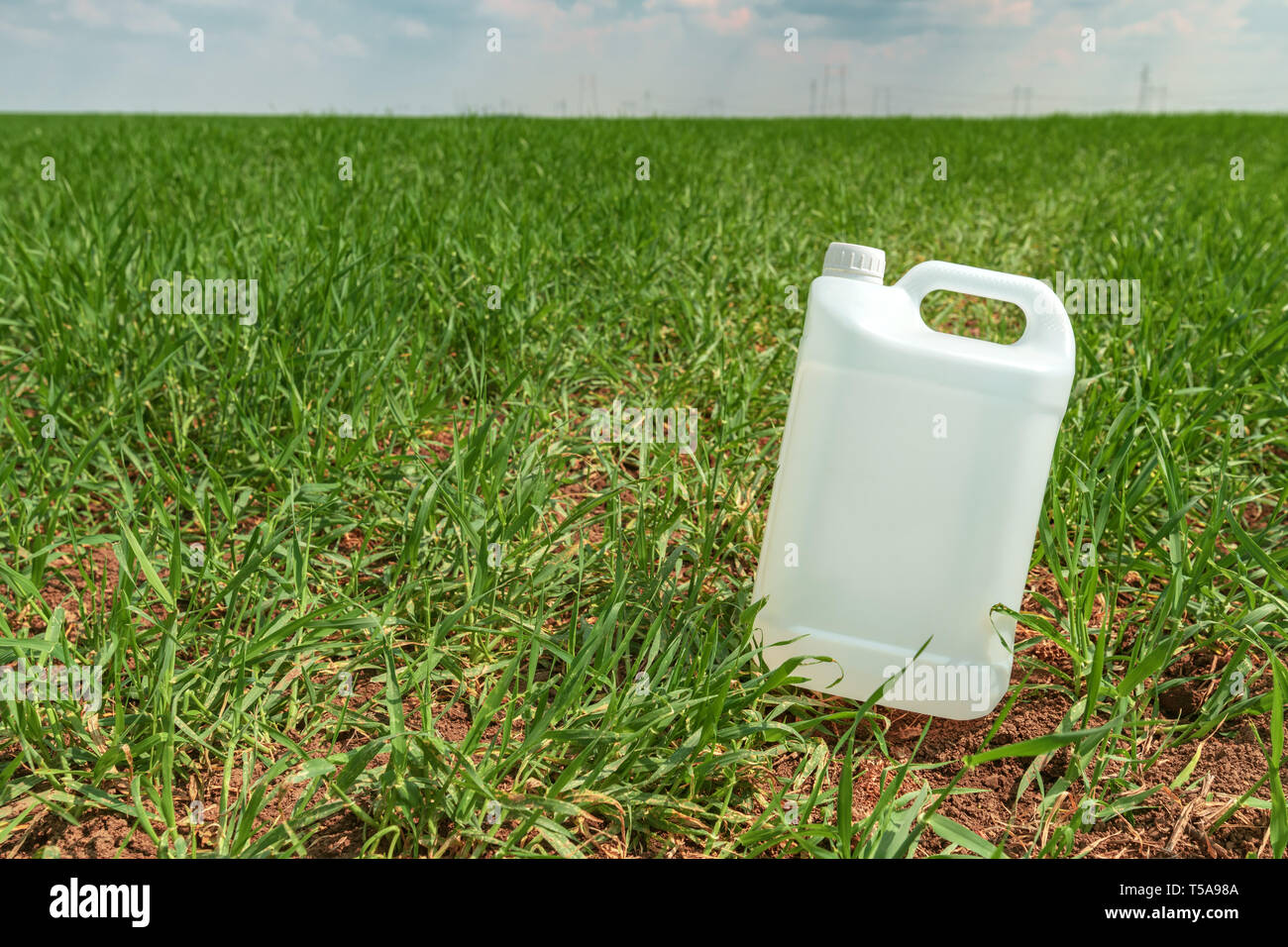 Blank pesticide jug container mock up in wheatgrass field. Using ...