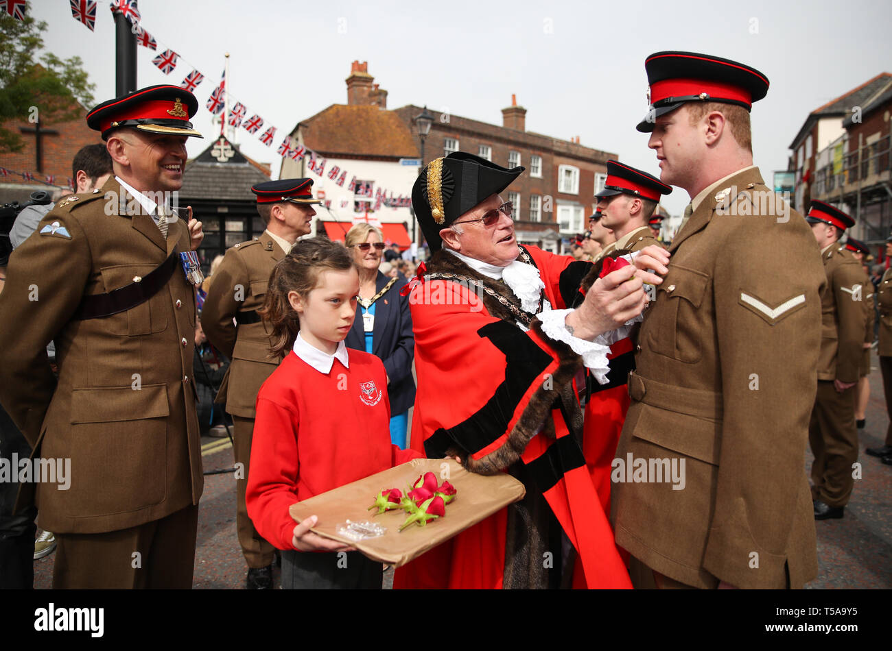 Mayor of Havant, Councillor Peter Wade, places a red rose on the jacket ...