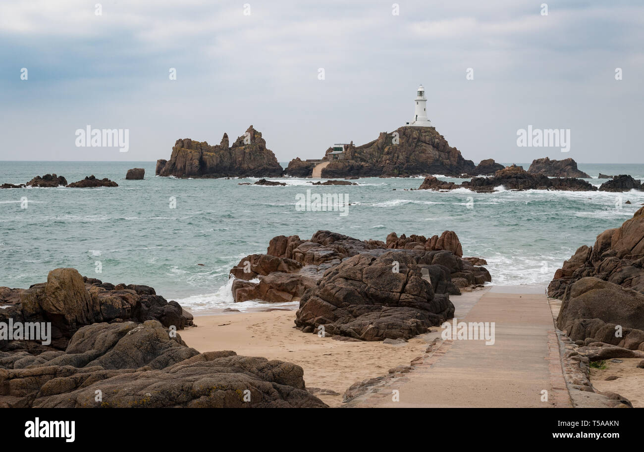 La Corbiere Lighthouse at high tide, Jersey, Channel Islands Stock ...