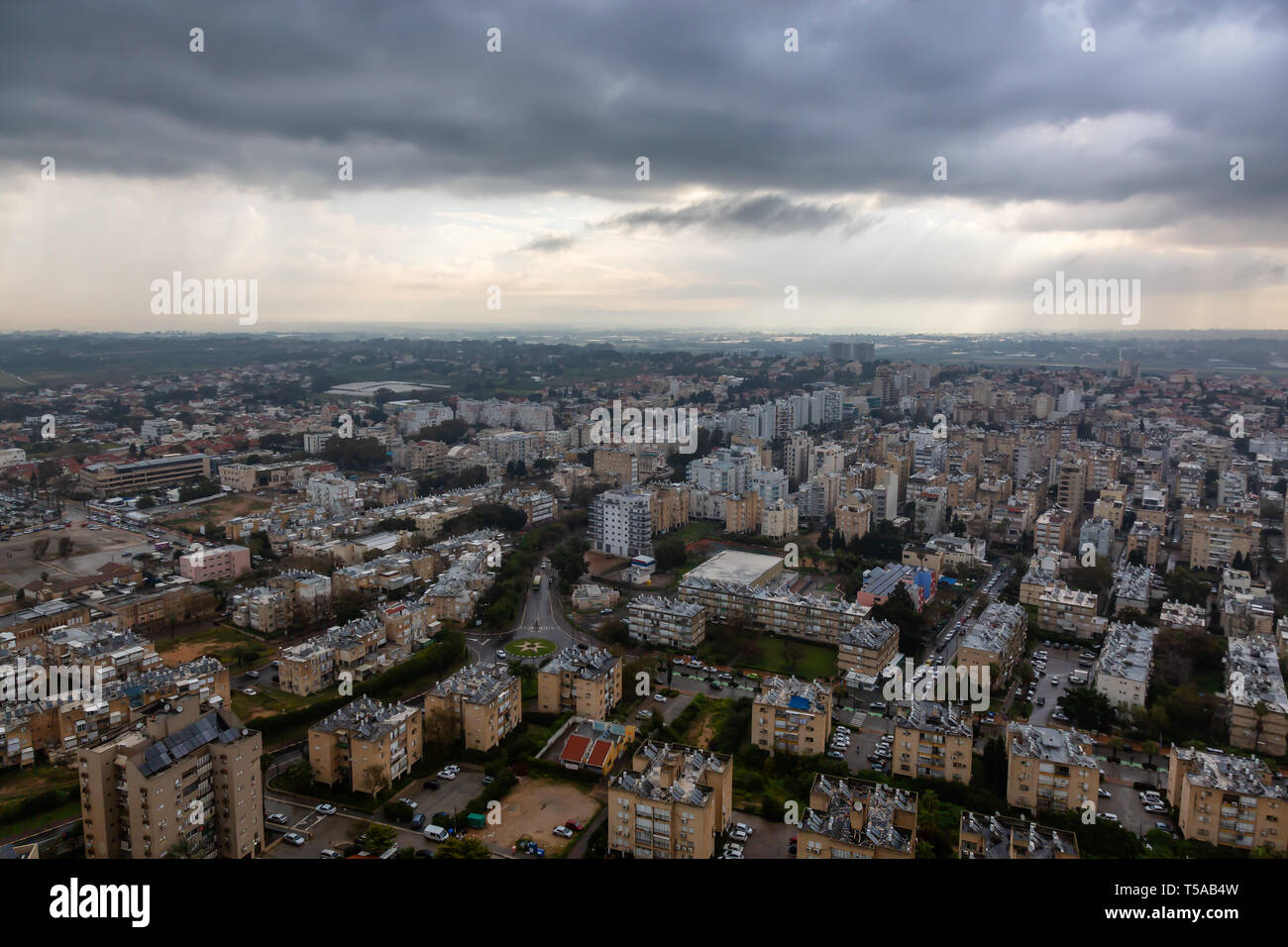 Aerial view of a residential neighborhood in a city during a cloudy ...