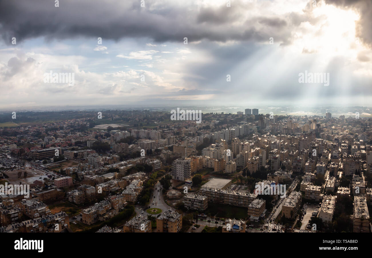 Aerial panoramic view of a residential neighborhood in a city during a ...