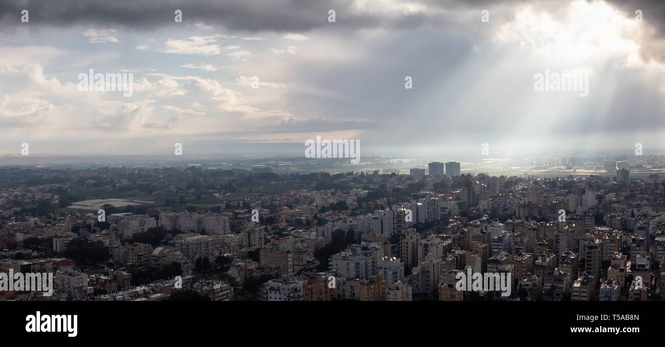 Aerial panoramic view of a residential neighborhood in a city during a ...