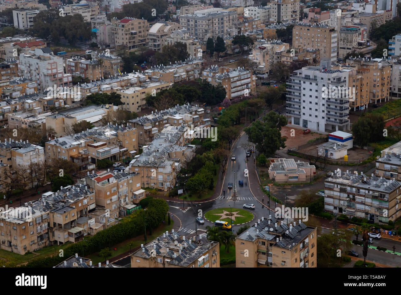 Aerial view of a residential neighborhood in a city during a cloudy ...