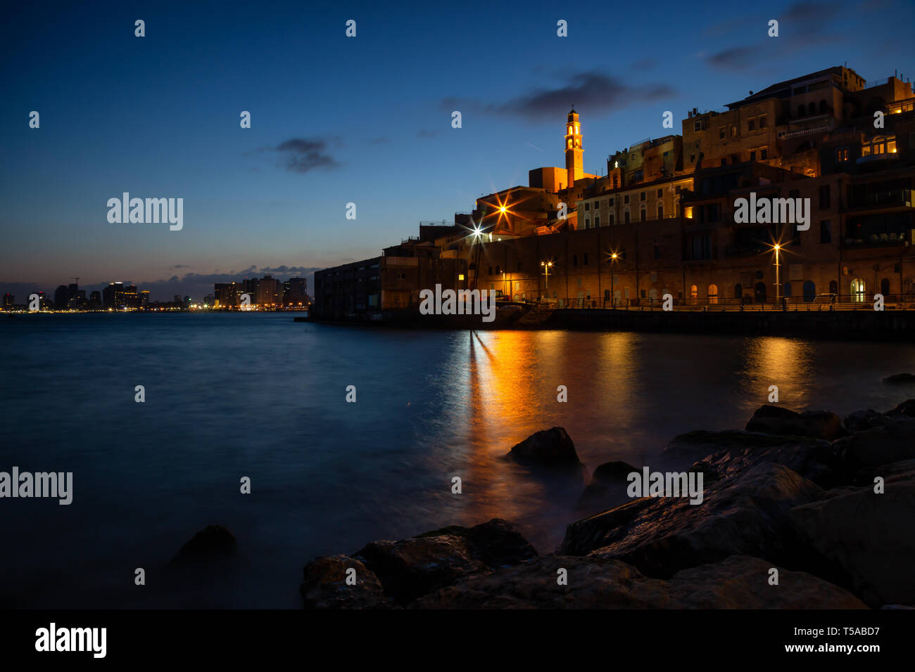 Beautiful view of a Port of Jaffa during a colorful sunrise. Taken in ...