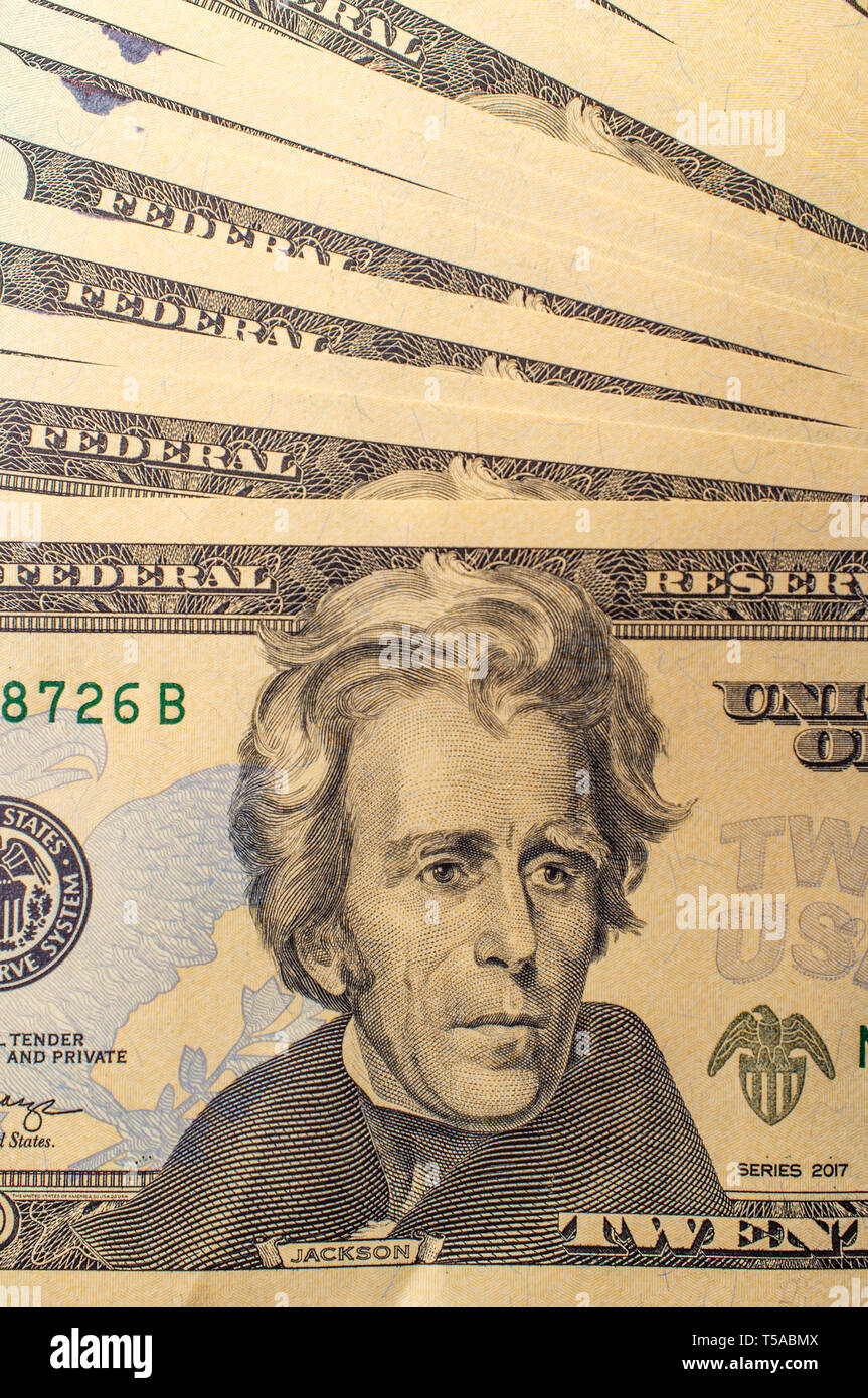 Pile of USA currency American twenty dollar bills for banking and ...