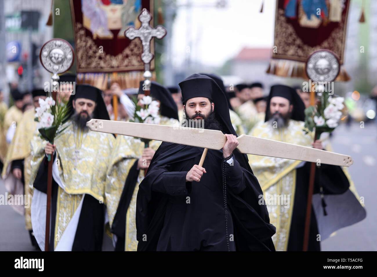 Bucharest, Romania - April 20, 2019: Romanian Orthodox priests during a ...