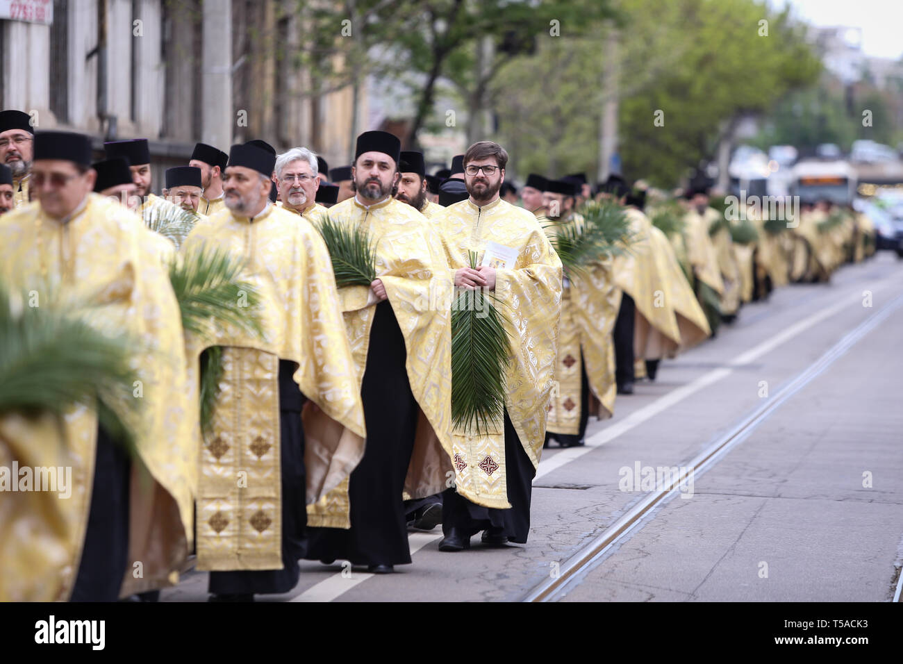 Bucharest, Romania - April 20, 2019: Romanian Orthodox priests during a ...