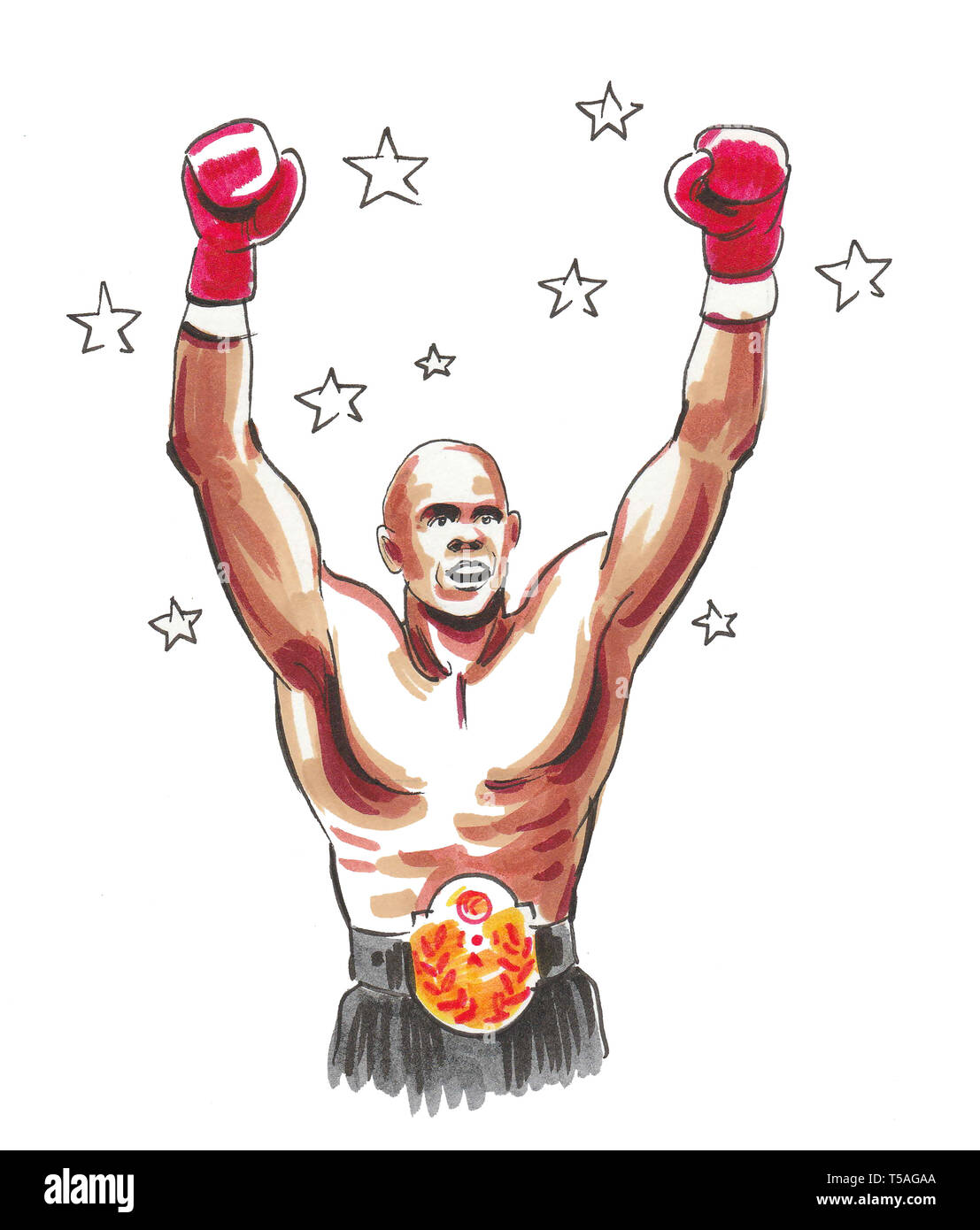 Boxing champion with a raised hands. Ink and watercolor illustration ...