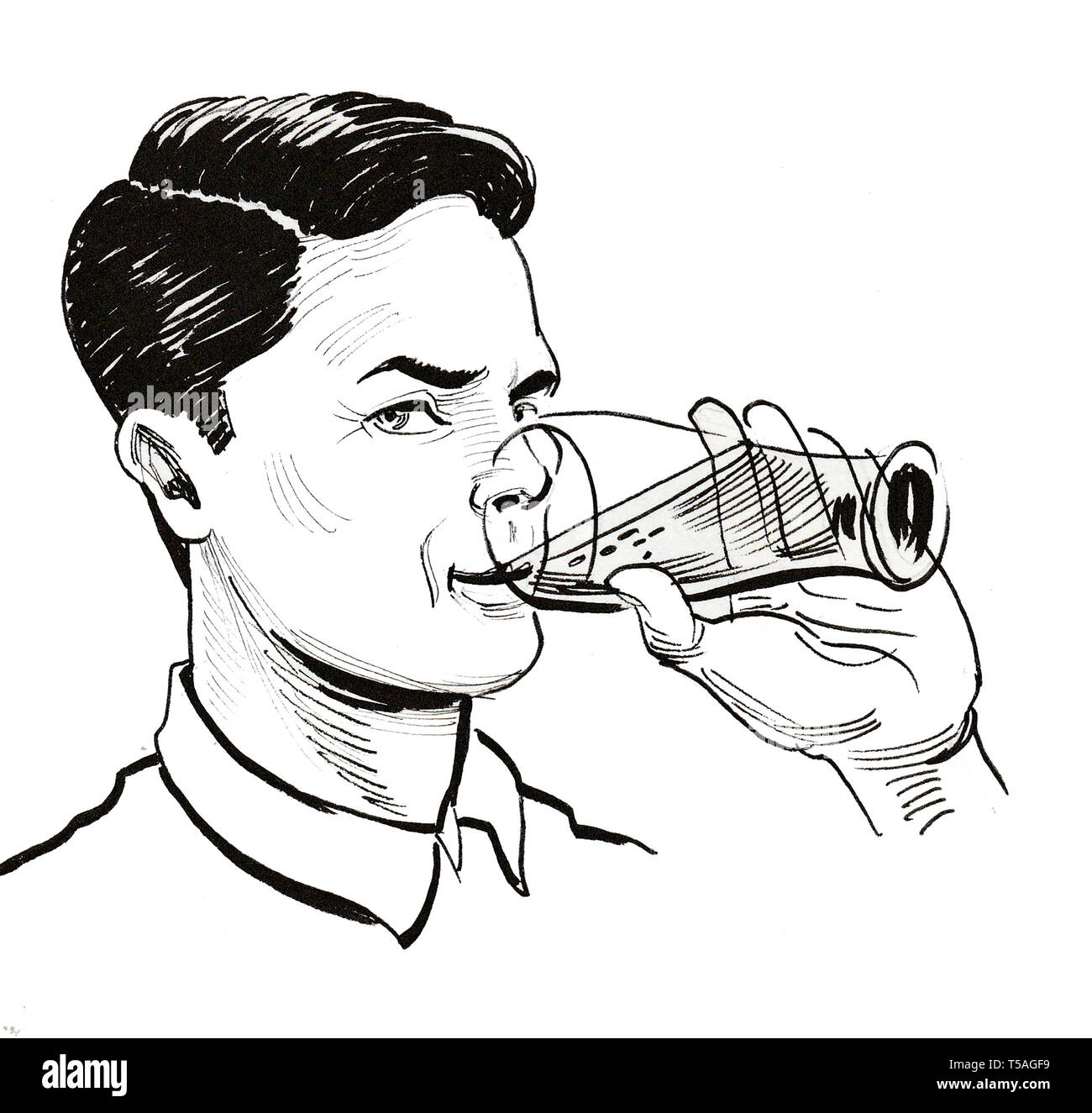 Young handsome man drinking a glass of beer. Ink black and white ...